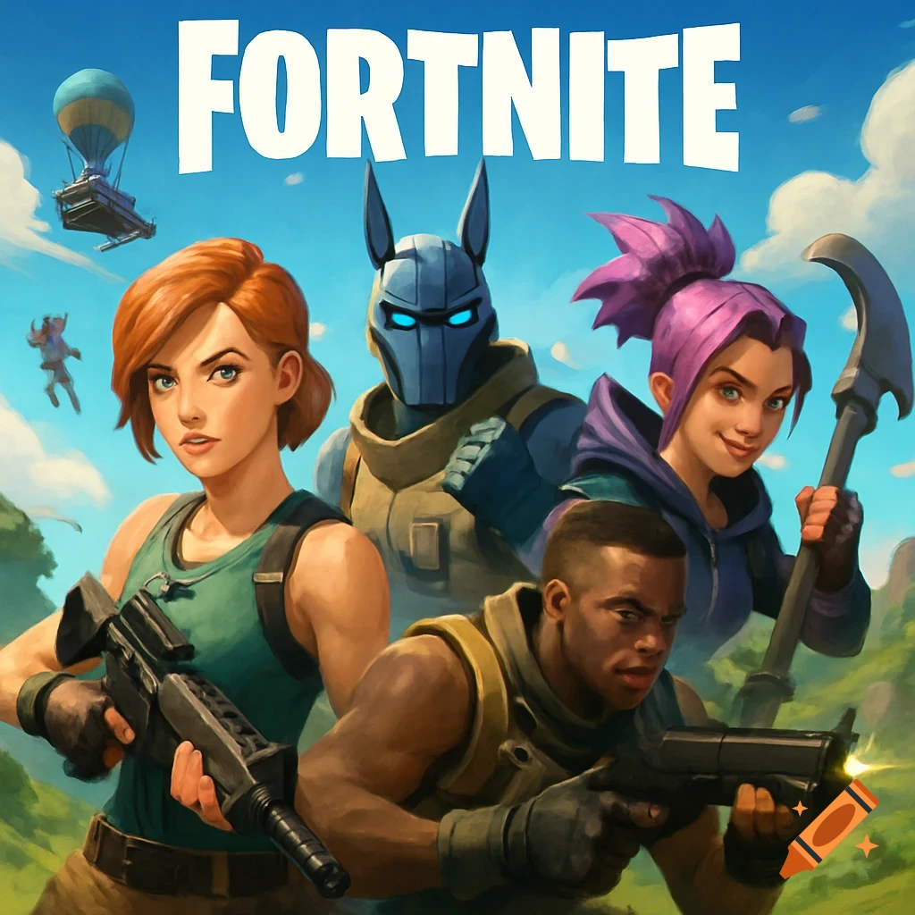 Illustrative image of Fortnite characters with weapons and logo. on Craiyon