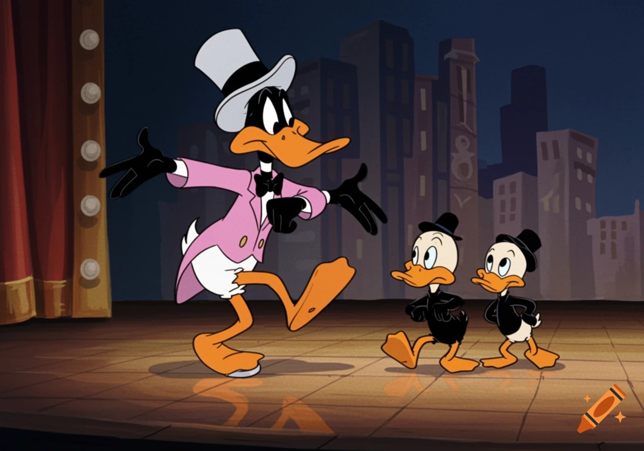 Daffy Duck in a pink suit and top hat tap dancing on a stage with two ...