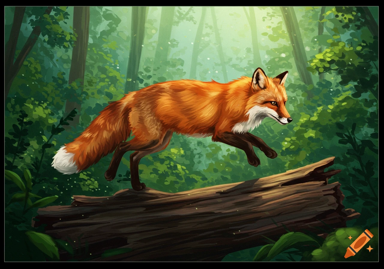 A red fox leaps over a fallen log in a sunlit forest clearing, digital ...