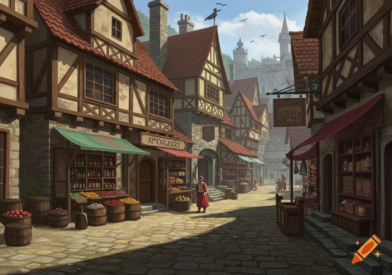 Detailed illustration of a medieval town street with shops selling ...