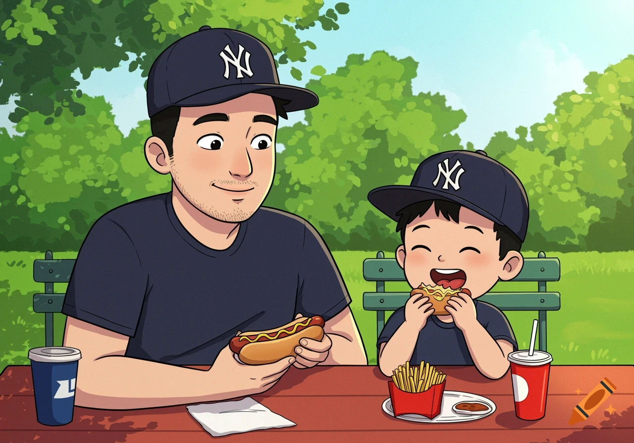 Illustrated father and son in Yankees caps eating hot dogs and fries at ...