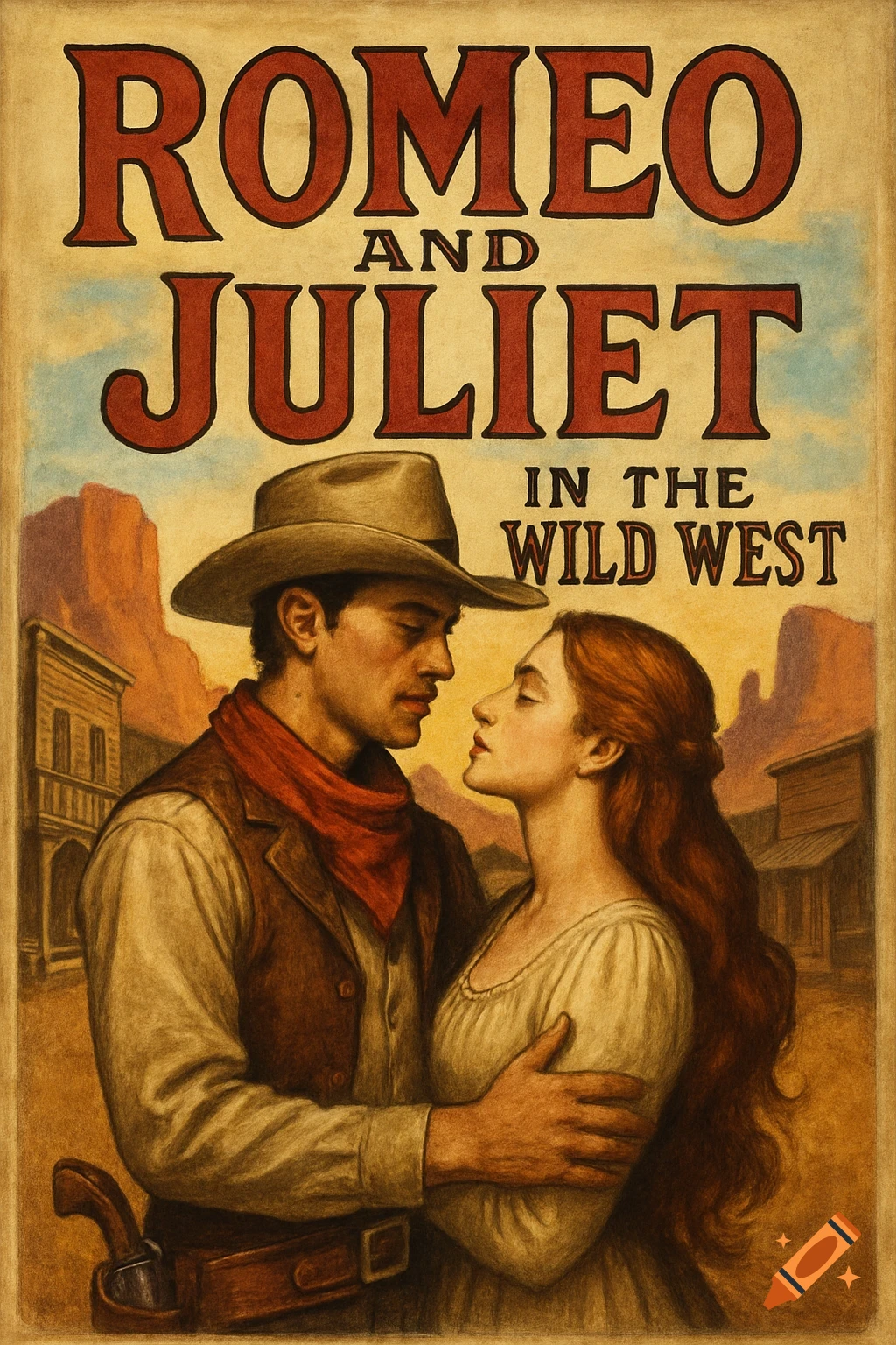 Illustrated poster of a cowboy and a woman embracing with text 'Romeo ...