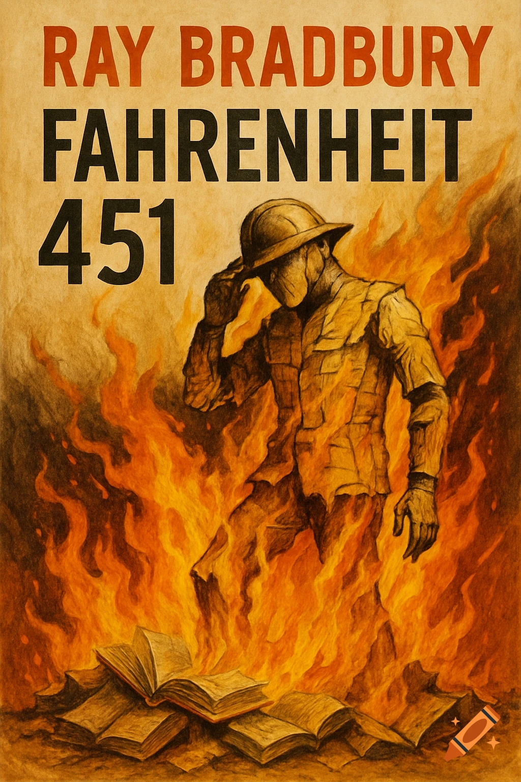 Stylized book cover for Fahrenheit 451 showing a figure surrounded by ...
