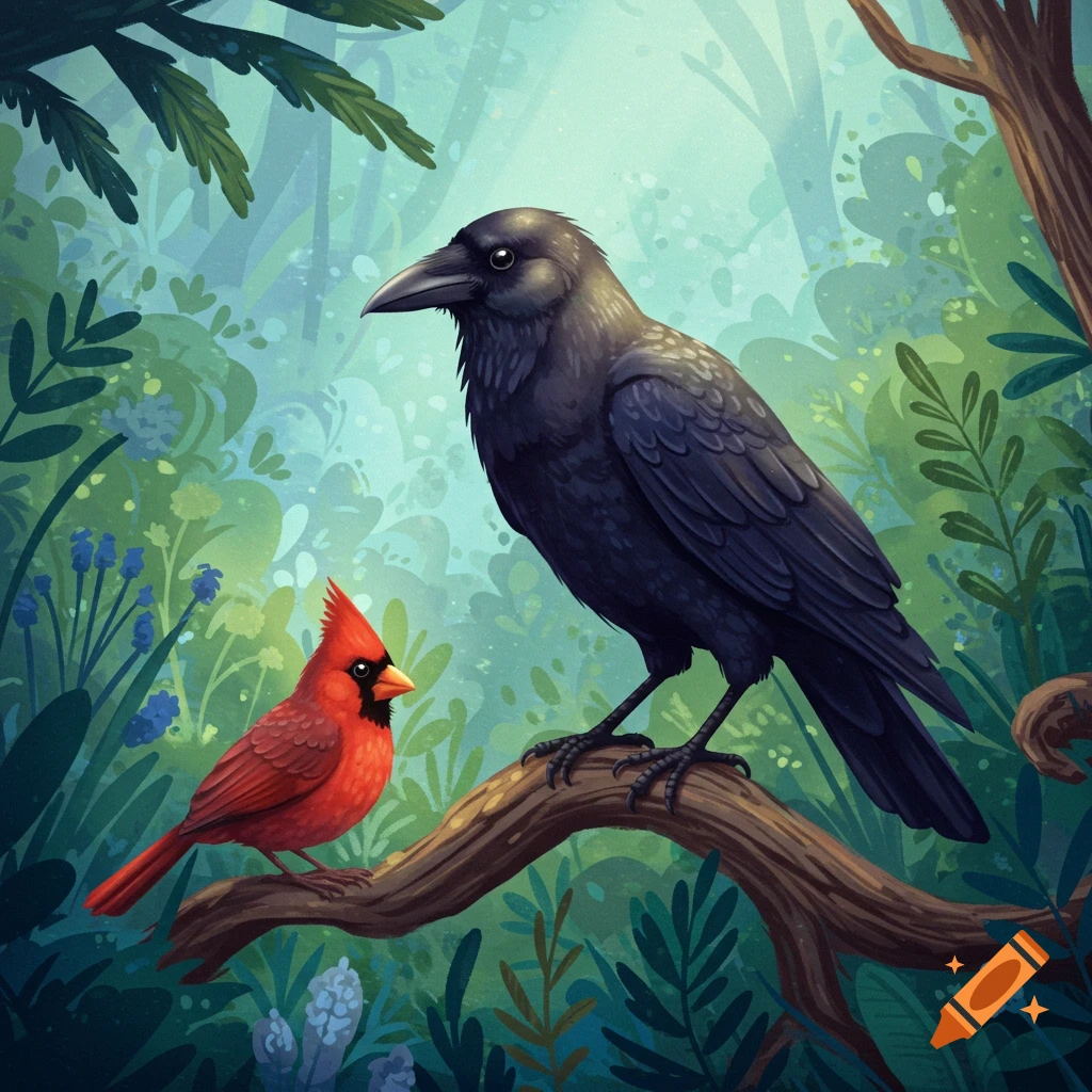 A black crow and a red cardinal perched on a branch in a forest ...