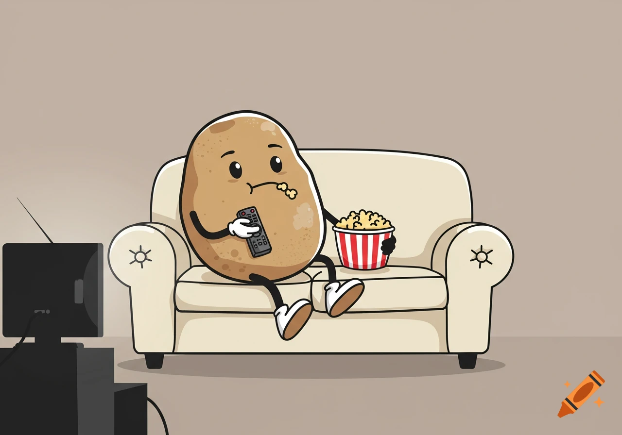 Cartoon potato sits on a couch, holding a remote and eating popcorn ...