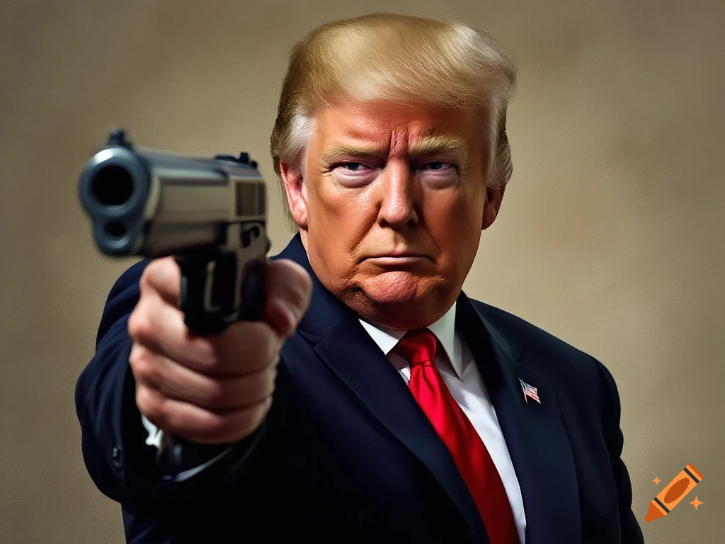Man resembling Donald Trump in a suit pointing a gun at the viewer on ...