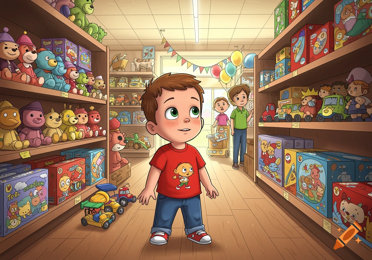 Cartoon boy stands in a toy store aisle looking up at shelves of toys ...