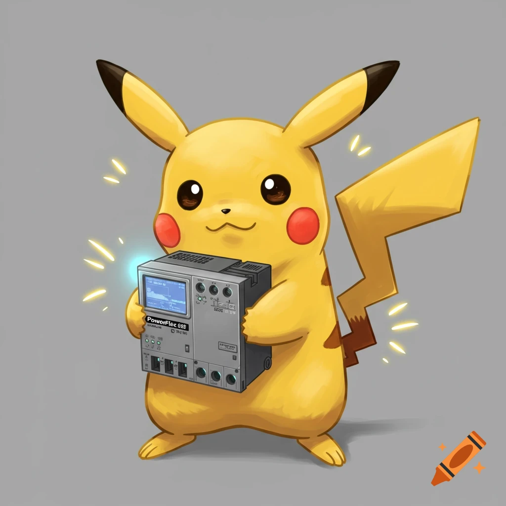 Cartoon drawing of Pikachu holding a complex gray machine with a screen ...