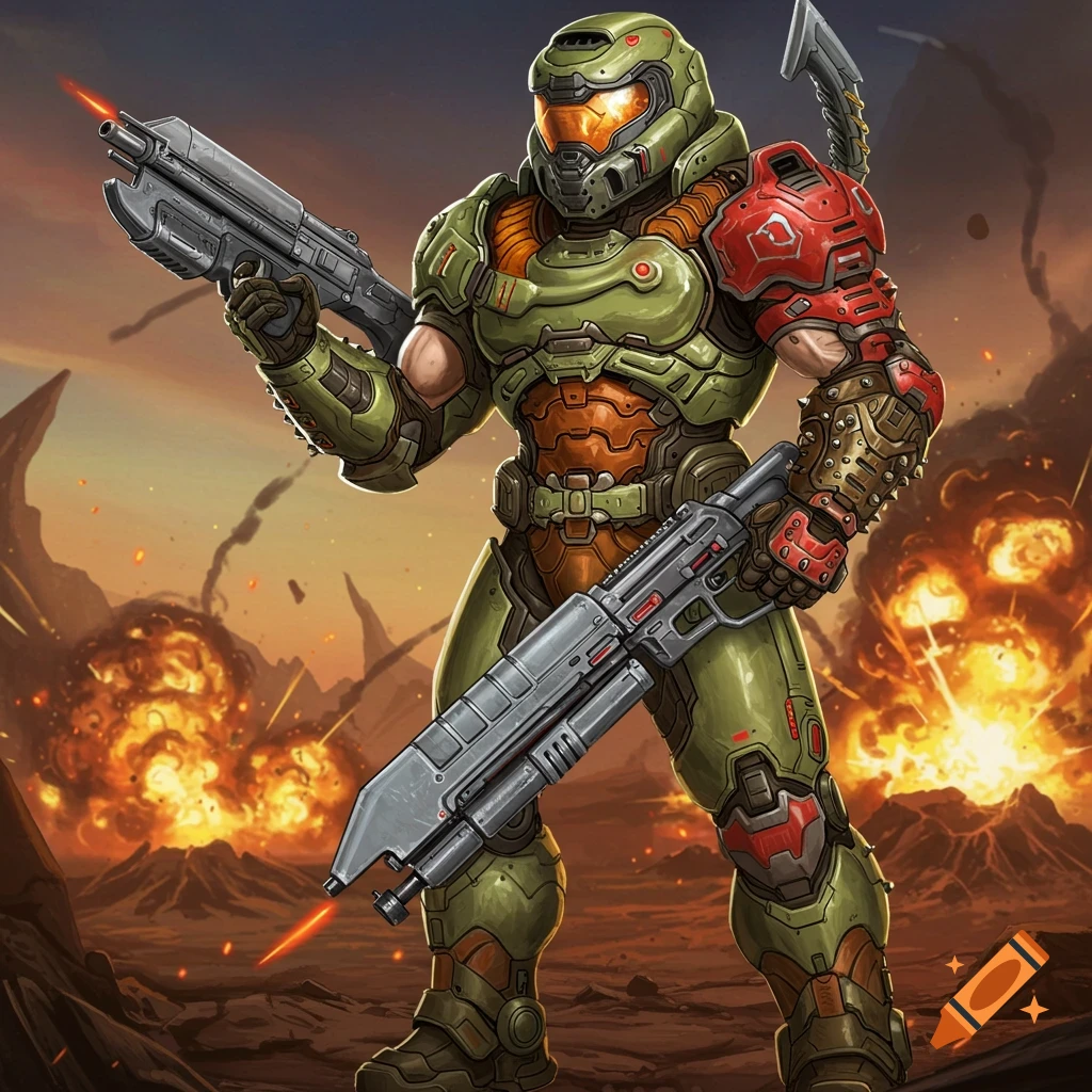 A muscular warrior in green and orange power armor holds two futuristic ...