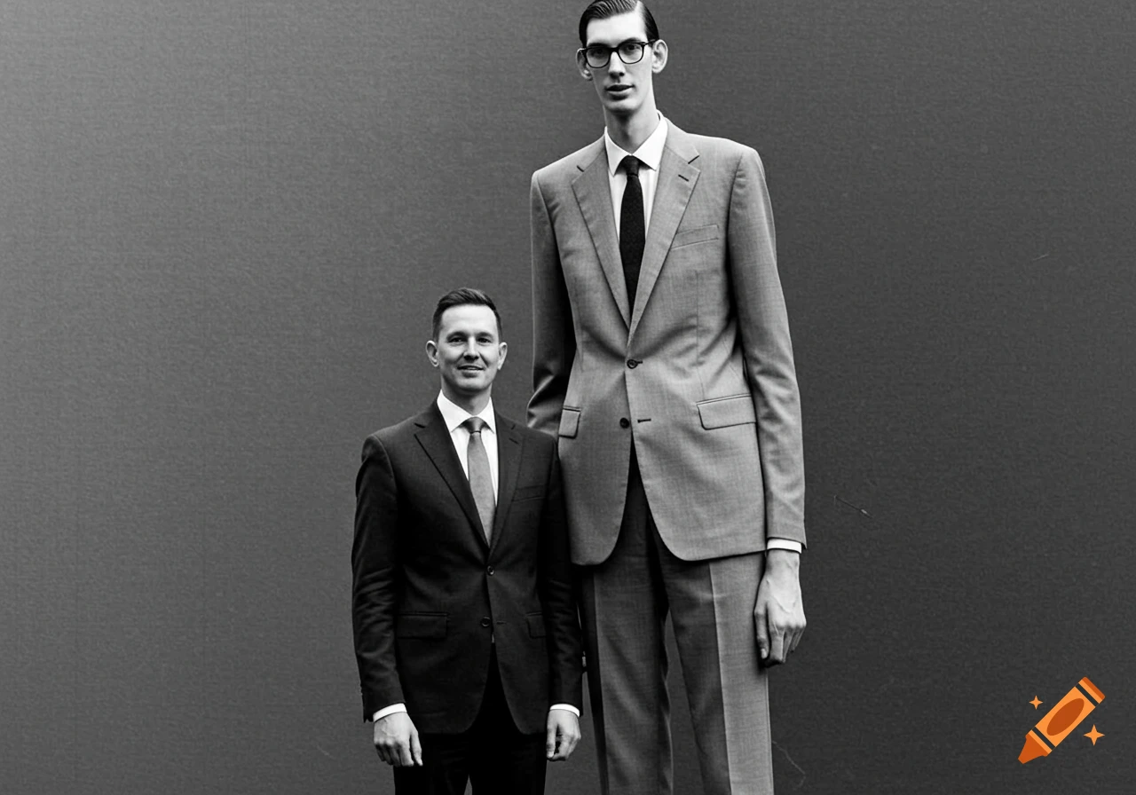 Black and white photo of a very tall man in a light suit and glasses ...