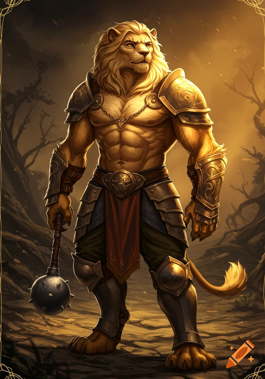 A muscular fantasy character, a Leonin paladin in armor, holding a mace ...