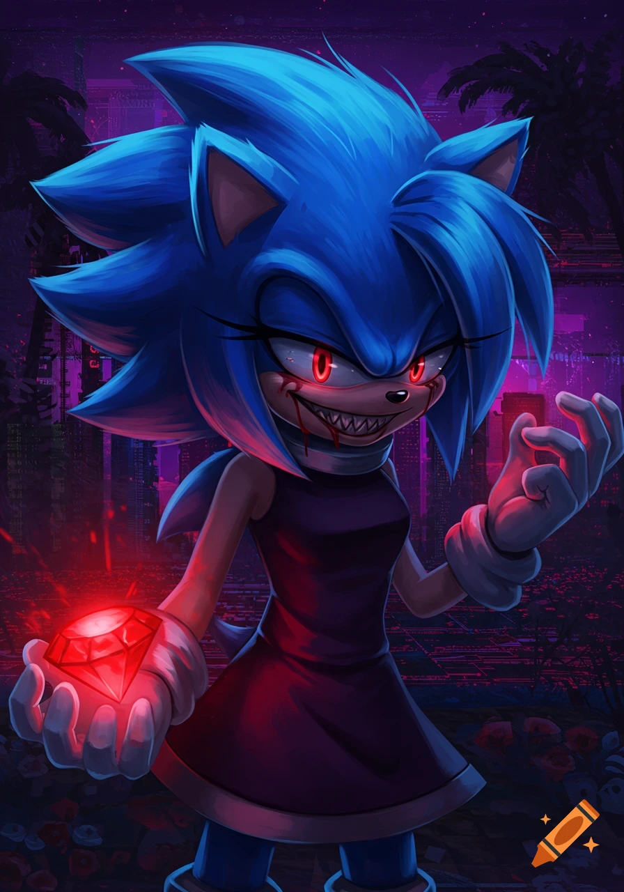 Digital painting of a creepy female Sonic-like character with red eyes ...