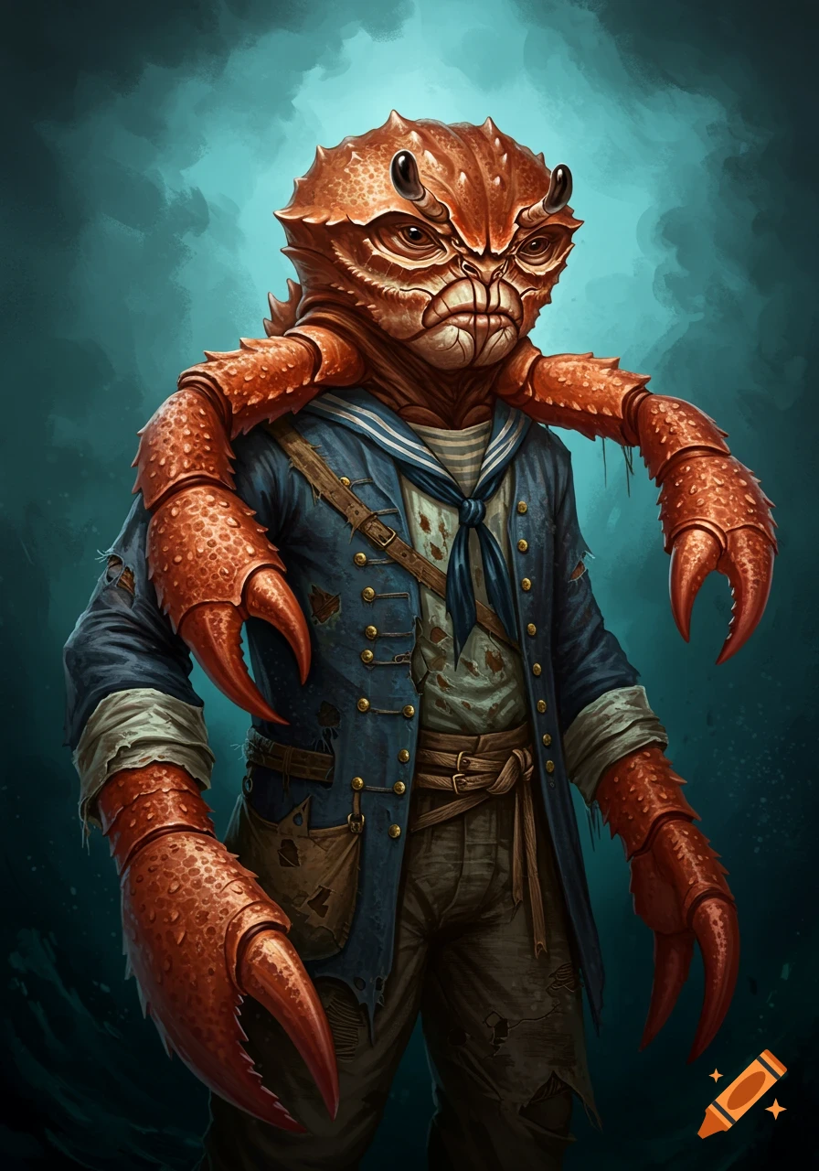 A detailed illustration of a crab humanoid wearing a blue nautical ...
