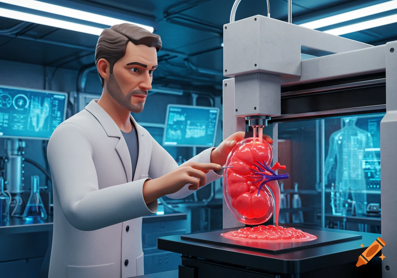 3D animated scientist bioprinting a kidney in a lab on Craiyon