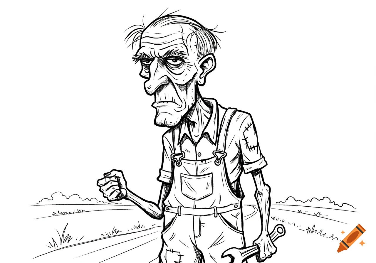 Black and white line drawing of a stern, scrawny old man in overalls ...