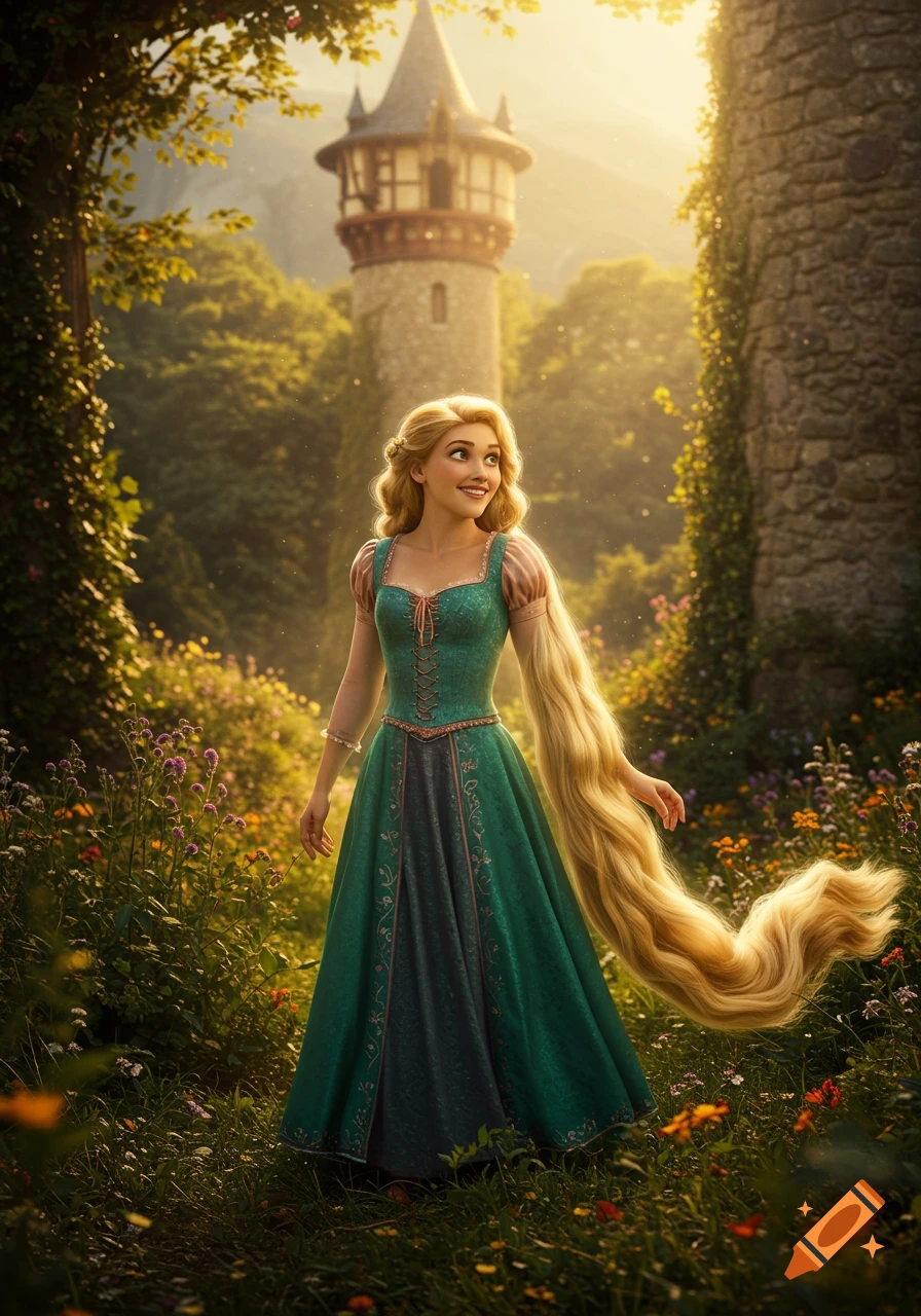 Rapunzel stands smiling in a sunny garden near a tower. on Craiyon