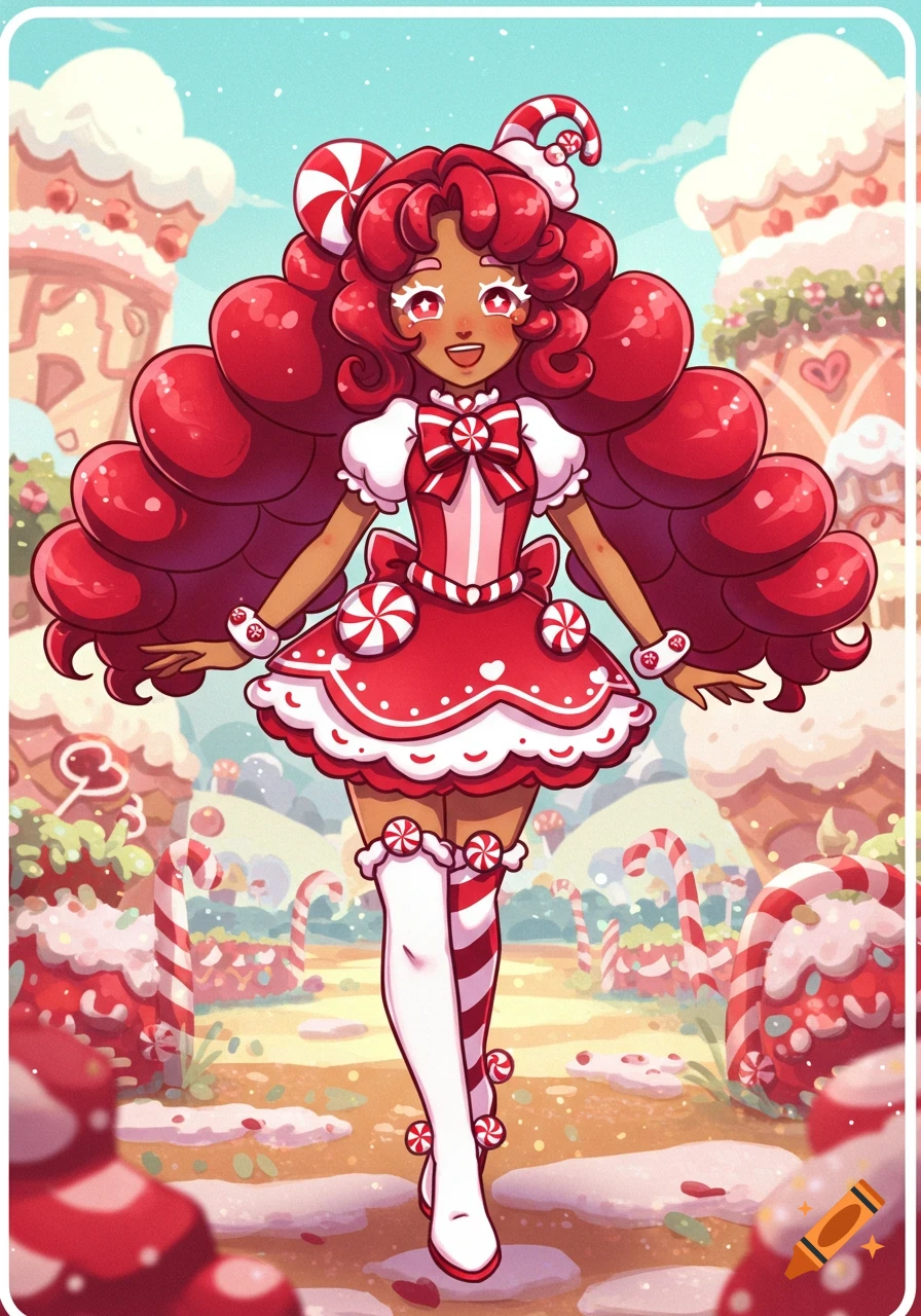 A cartoon girl with red hair and a peppermint-themed outfit stands in a ...