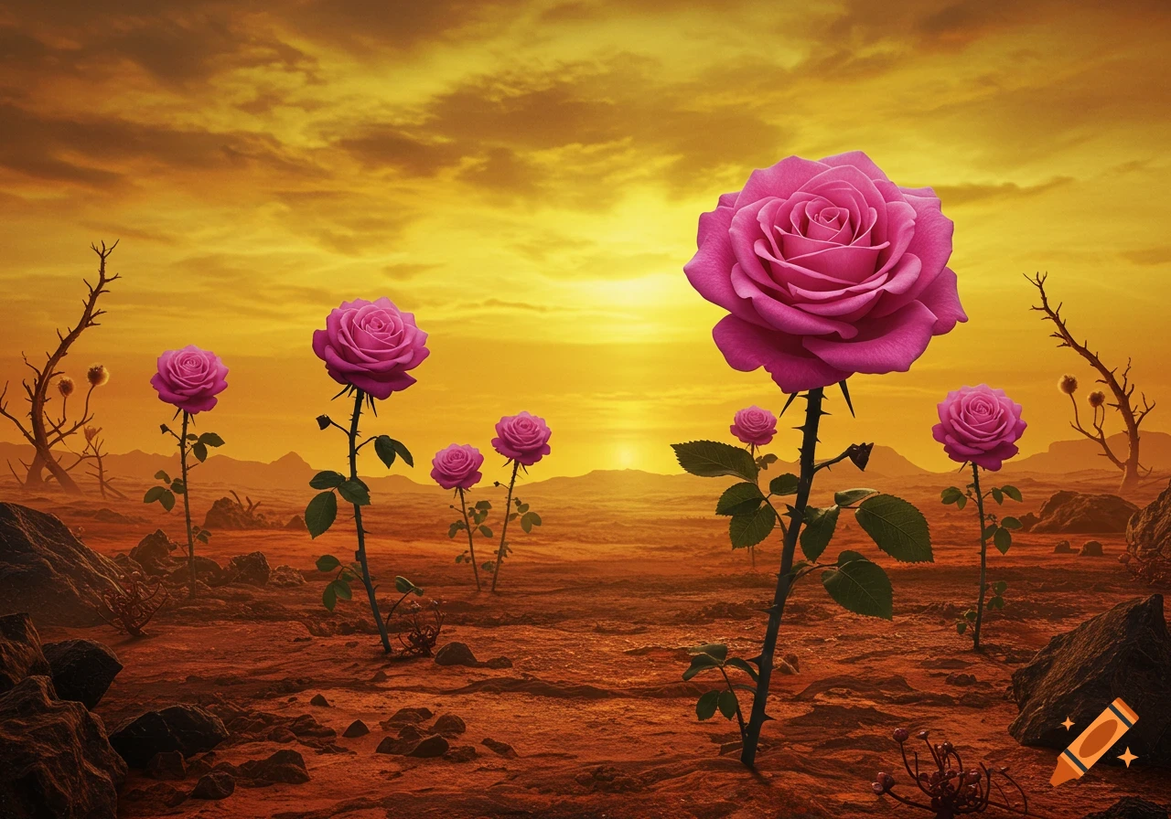 Pink roses growing on a rocky alien landscape under an orange sky. on ...
