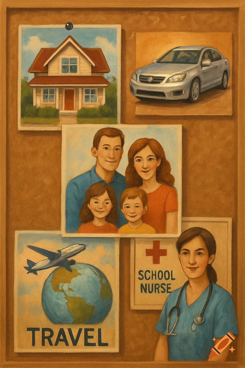 Painted vision board with images of a house, car, family, globe with ...