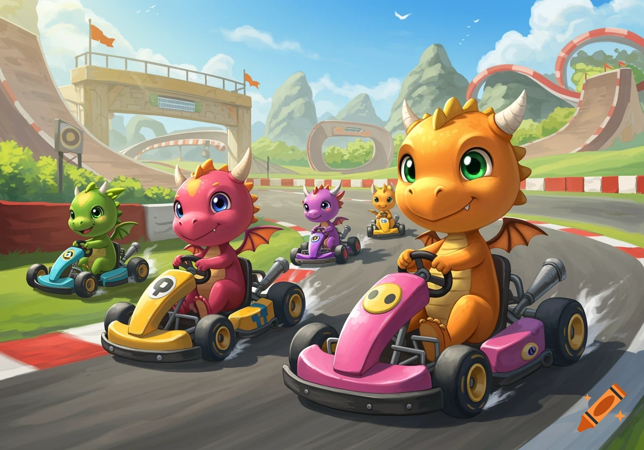 Cute cartoon dragons race go-karts on a track. on Craiyon