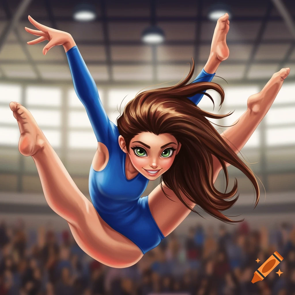 Illustrated female gymnast with green eyes and long brown hair performing a split leap in a gym ...