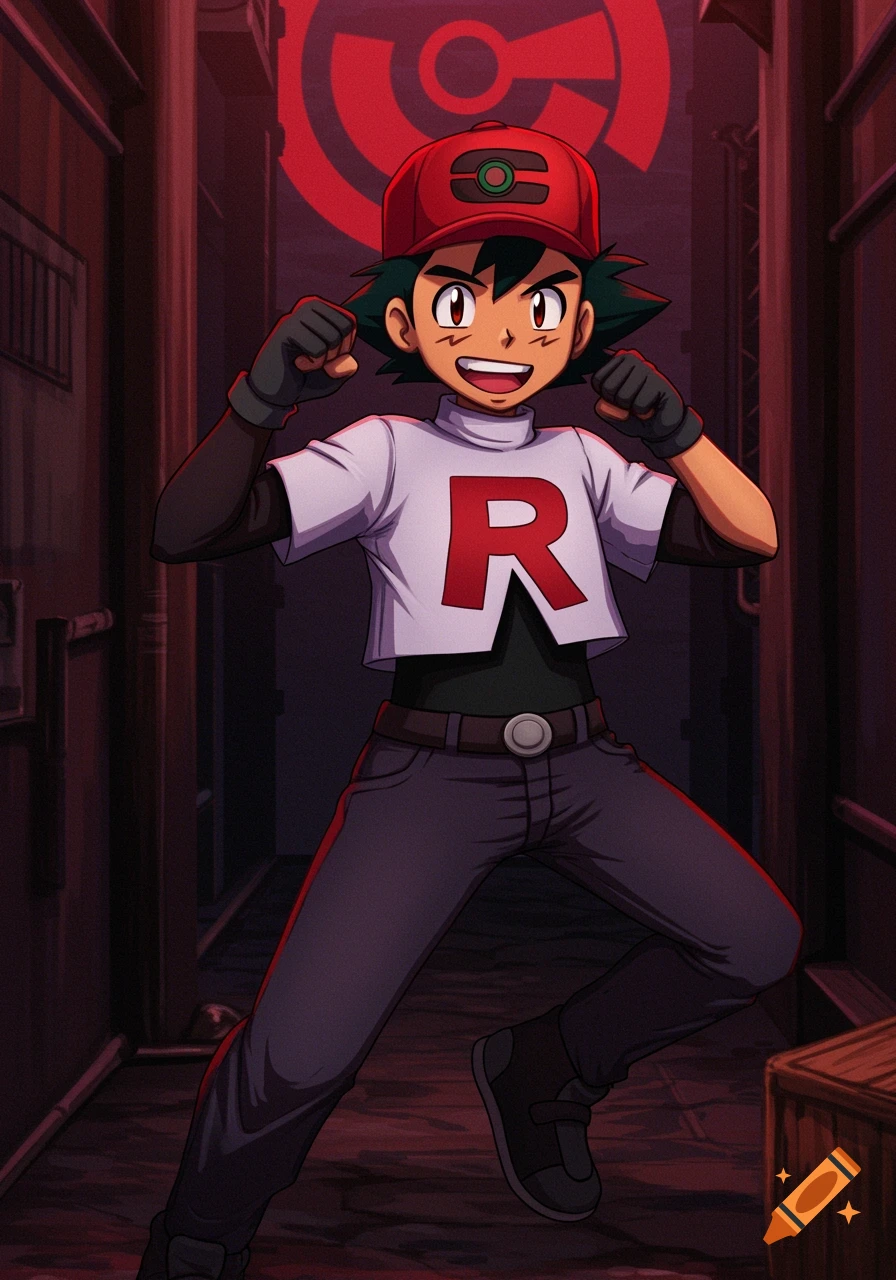 Ash Ketchum dressed in a Team Rocket uniform stands in a dark alley ...