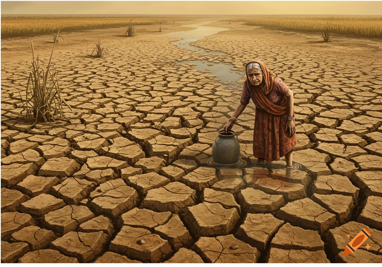 An elderly woman collects water from a puddle in a dry, cracked ...