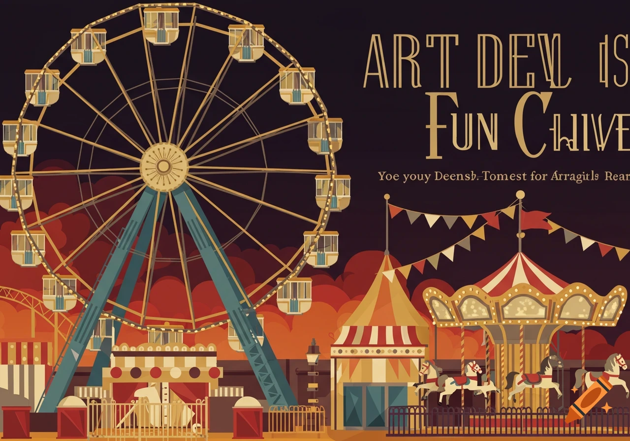 Art deco illustration of a funfair with a ferris wheel and carousel. on ...