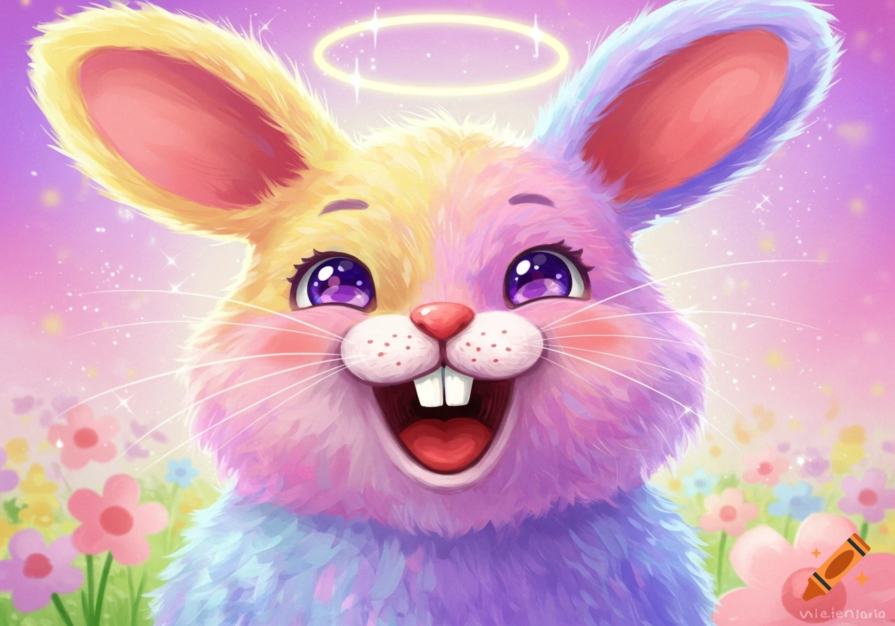 A very happy, brightly colored rabbit with a halo sits in a field of ...