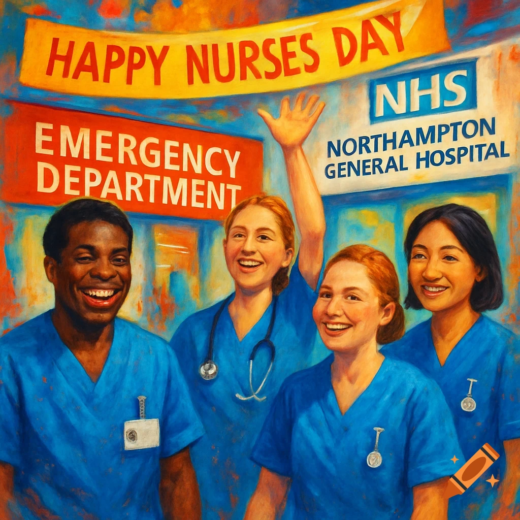 Painting of a group of nurses and doctors smiling under banners for ...