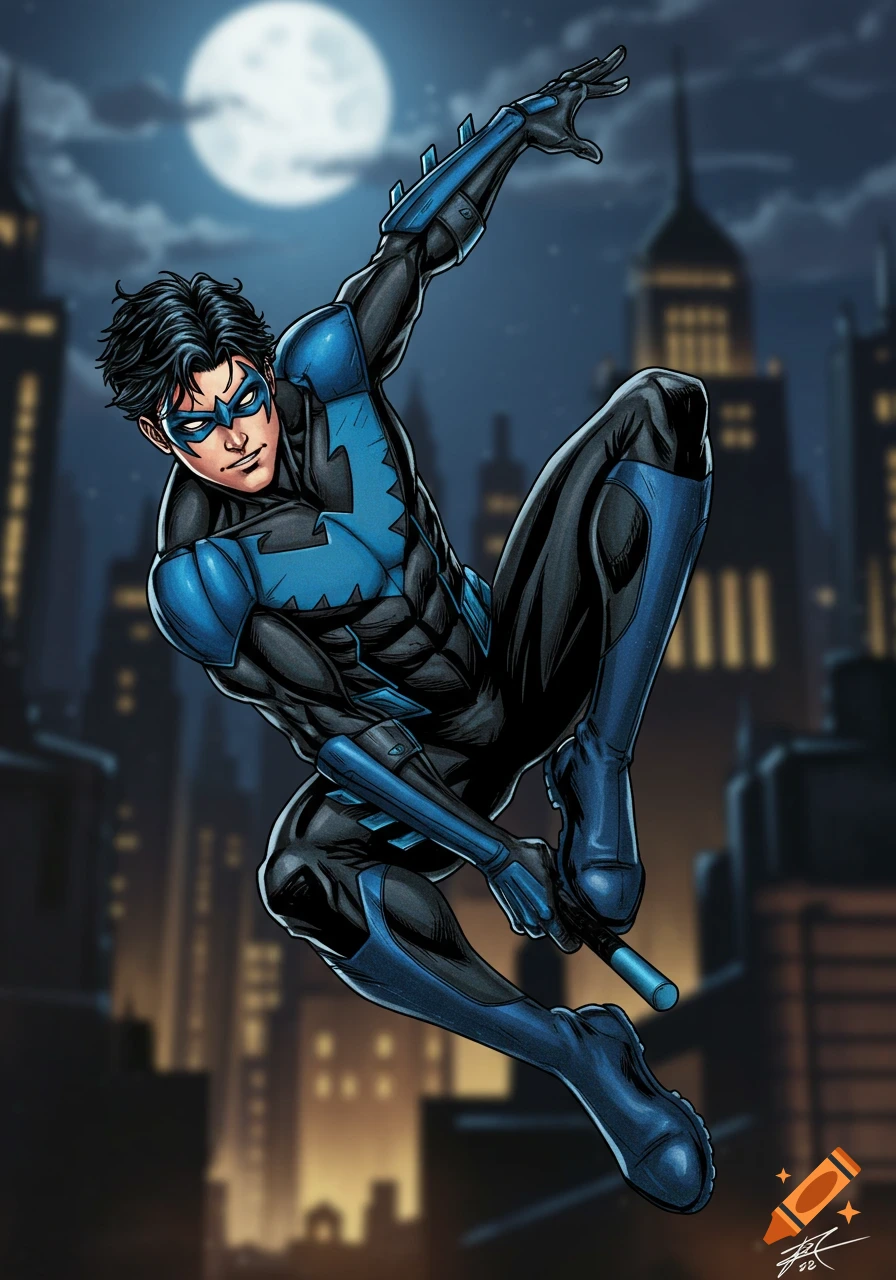 Nightwing leaps through the night city sky in a comic book illustration ...
