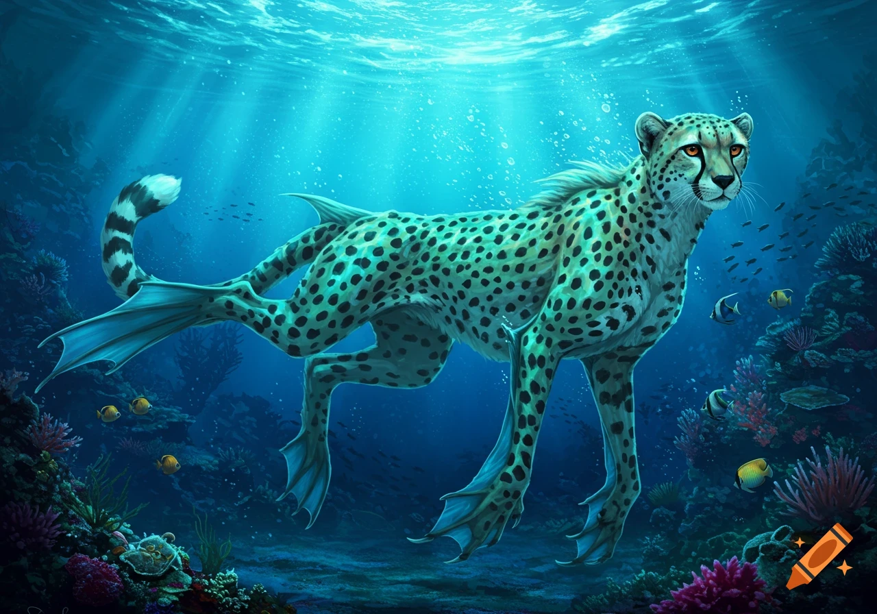 A fantasy creature, a cheetah with fins, swims among coral in a clear ...