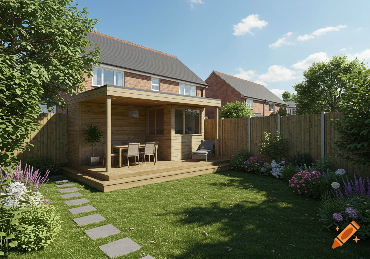 A modern garden studio with decking in a landscaped backyard with ...