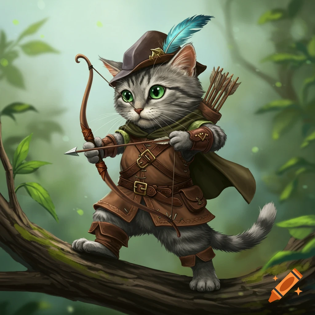 A cute gray tabby cat dressed as an archer, aiming a bow while standing ...