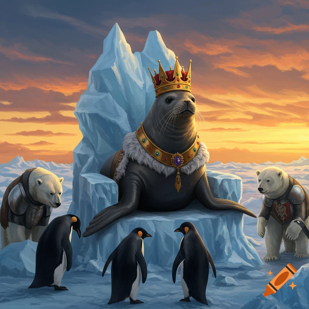 A king seal sits on an ice throne, attended by penguins and armored ...