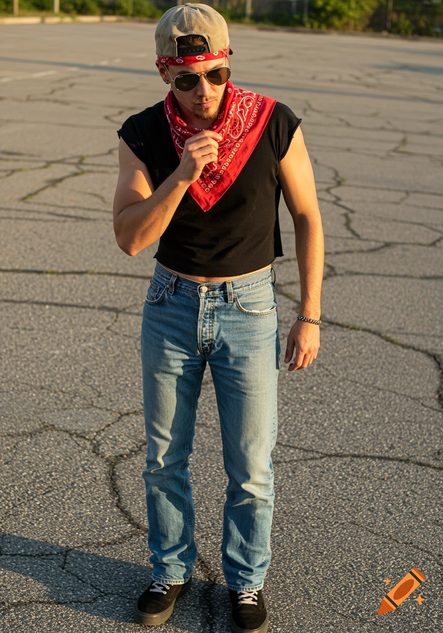 Man in jeans, black cutoff shirt, red bandana, sunglasses, and backward ...