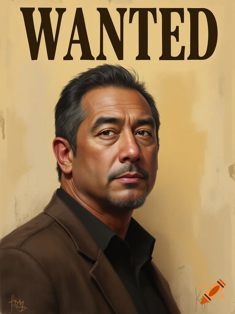 A digital painting of a man on a wanted poster with the word "WANTED ...