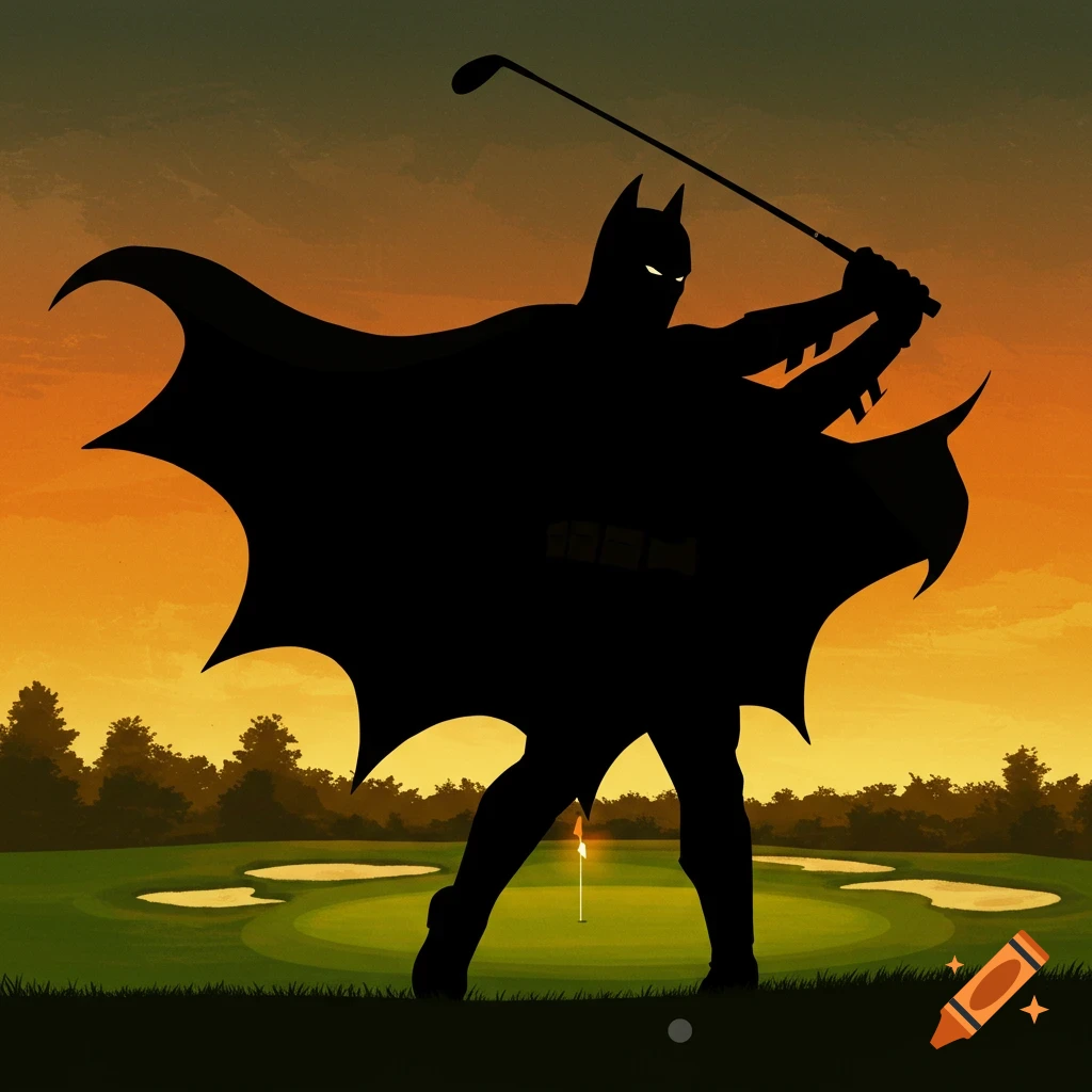 Silhouette of Batman swinging a golf club on a golf course at sunset ...