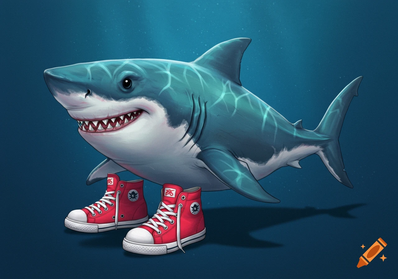 Cartoon illustration of a shark wearing red high-top sneakers. on Craiyon