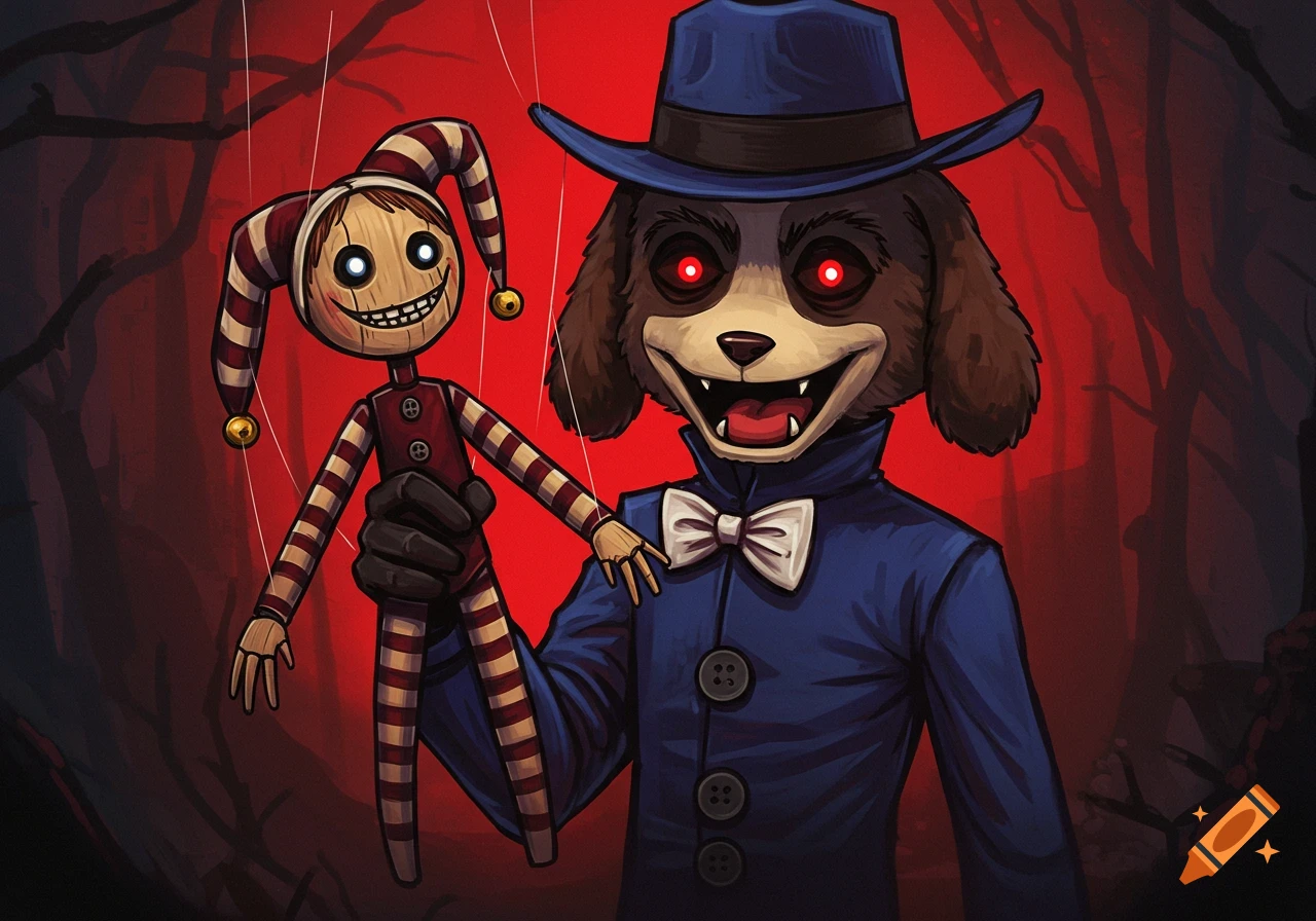 Cartoon dog character in a suit and hat holds a jester puppet in a dark ...
