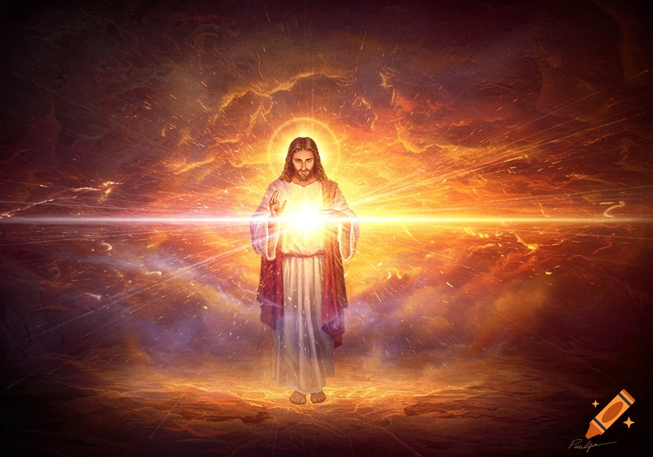 Jesus figure radiating bright light surrounded by fiery haze and energy ...
