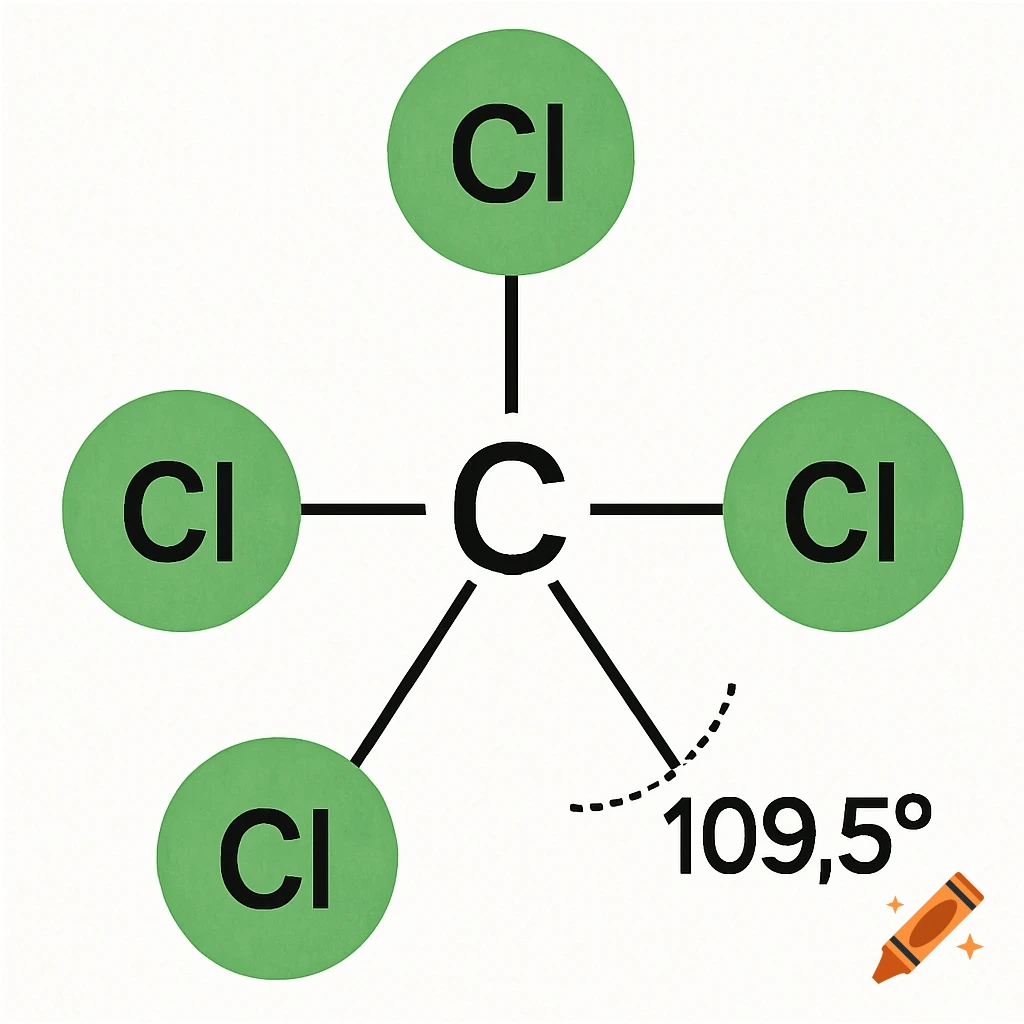 Diagram of a carbon tetrachloride molecule showing tetrahedral ...