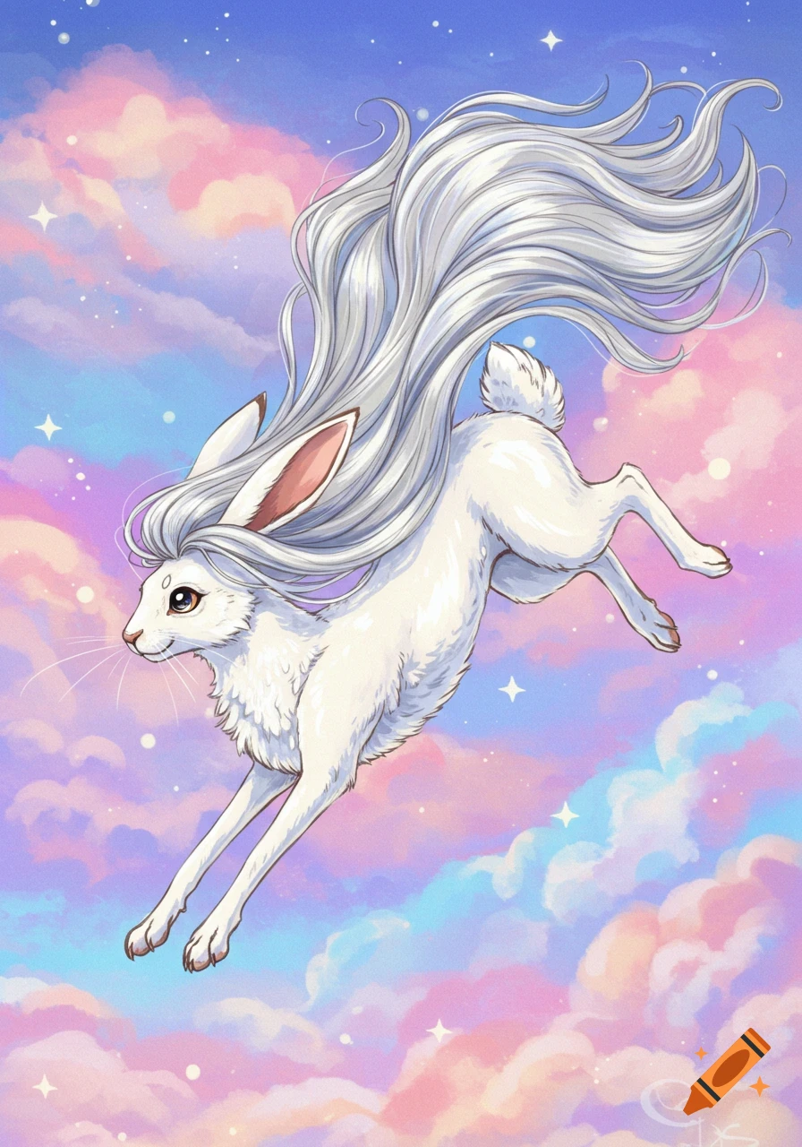 A white hare with long, flowing hair flies through a pastel sky with ...