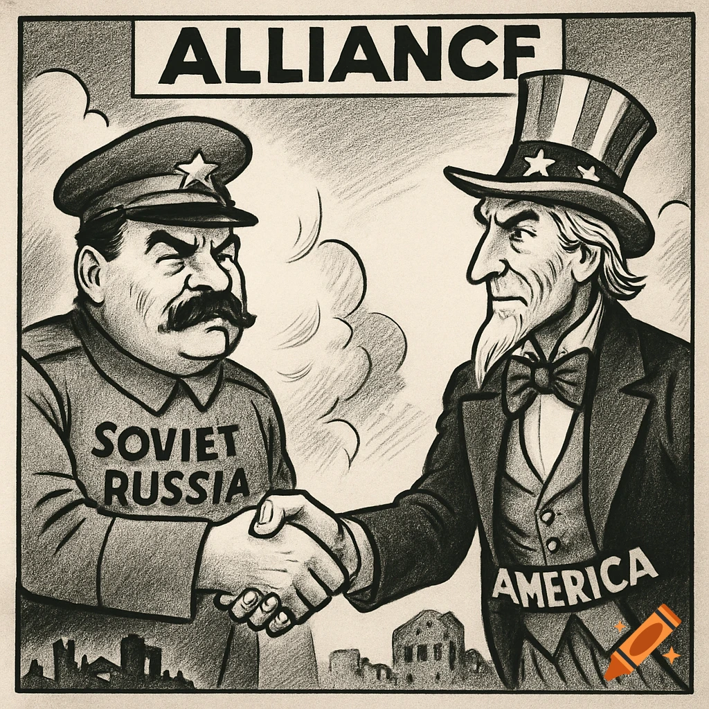 Political cartoon sketch of Soviet Russia figure and Uncle Sam figure ...