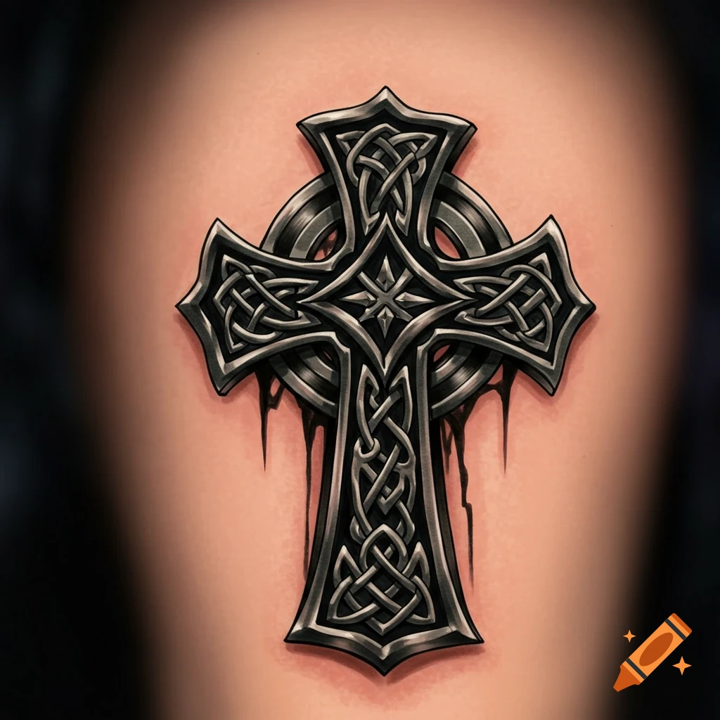 A detailed metallic Celtic cross tattoo with intricate knotwork and ...