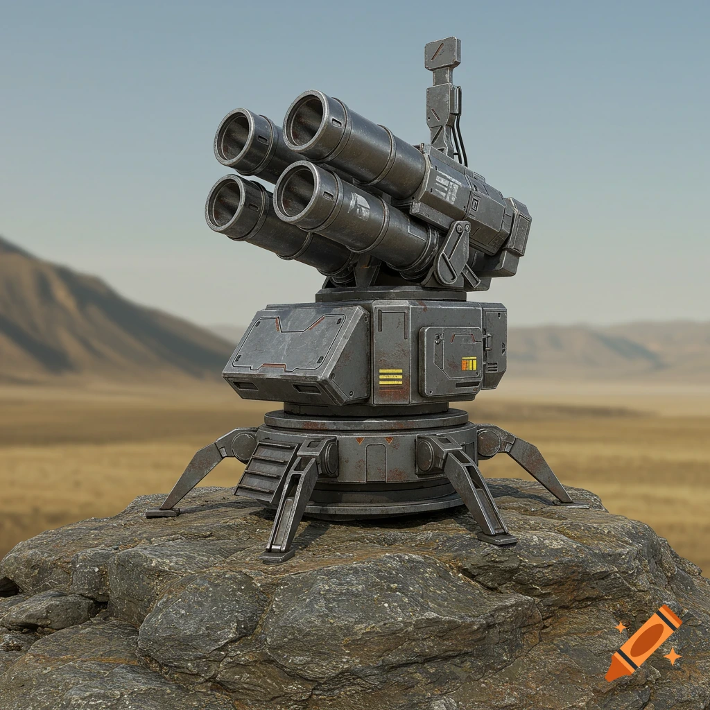 A grey remote weapon station with four missile tubes mounted on a rock ...