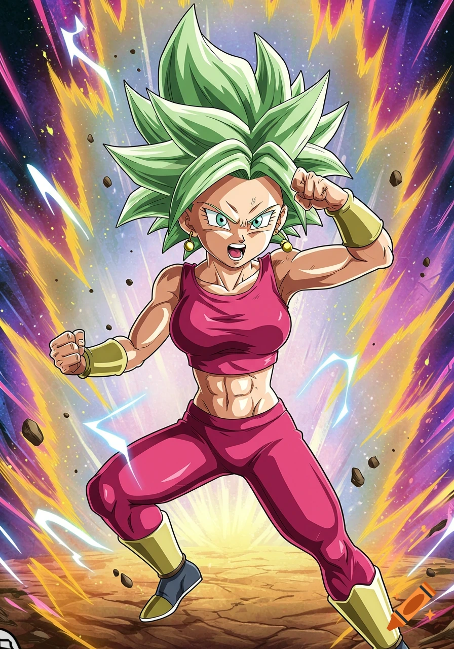 An anime character, Kefla from Dragon Ball, powering up with energy ...