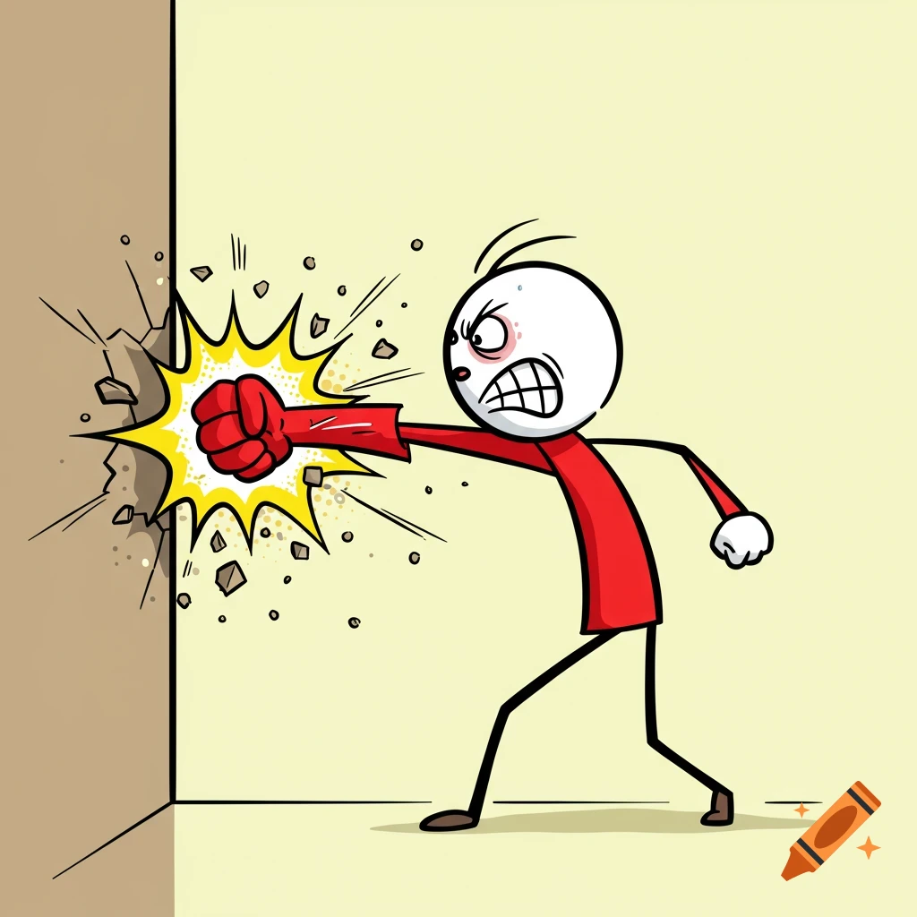 Angry stick figure cartoon punches and breaks a wall. on Craiyon