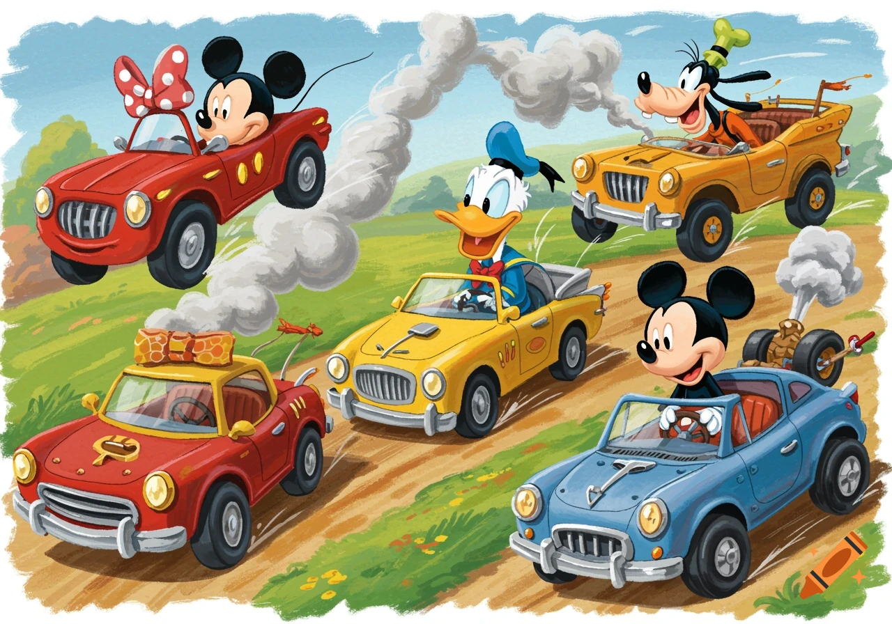 Minnie Mouse, Donald Duck, Goofy, and Mickey Mouse race in cartoon cars ...