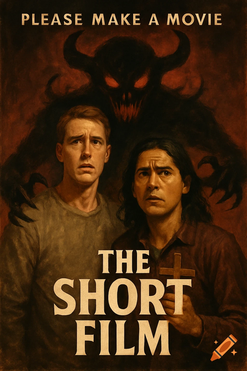 Horror movie poster with two scared men and a giant shadowy monster ...